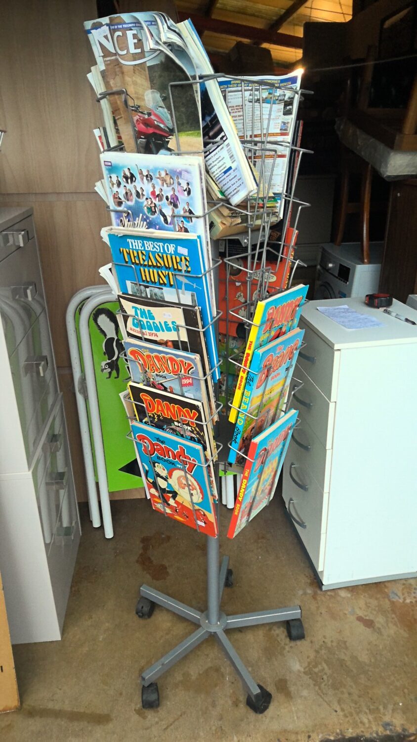 rotating magazine rack on wheels » Junk Skunk