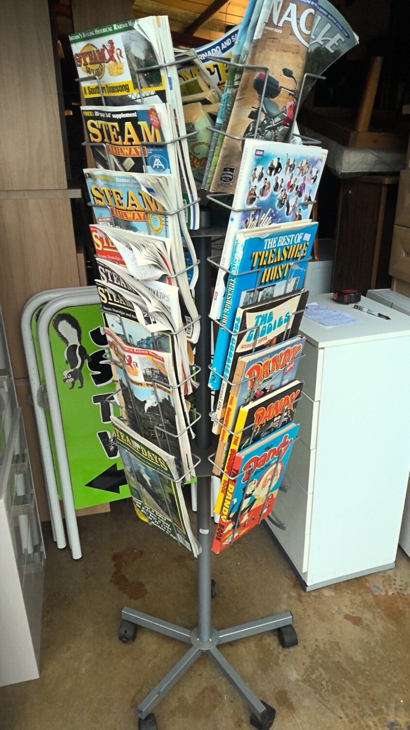 rotating magazine rack on wheels » Junk Skunk