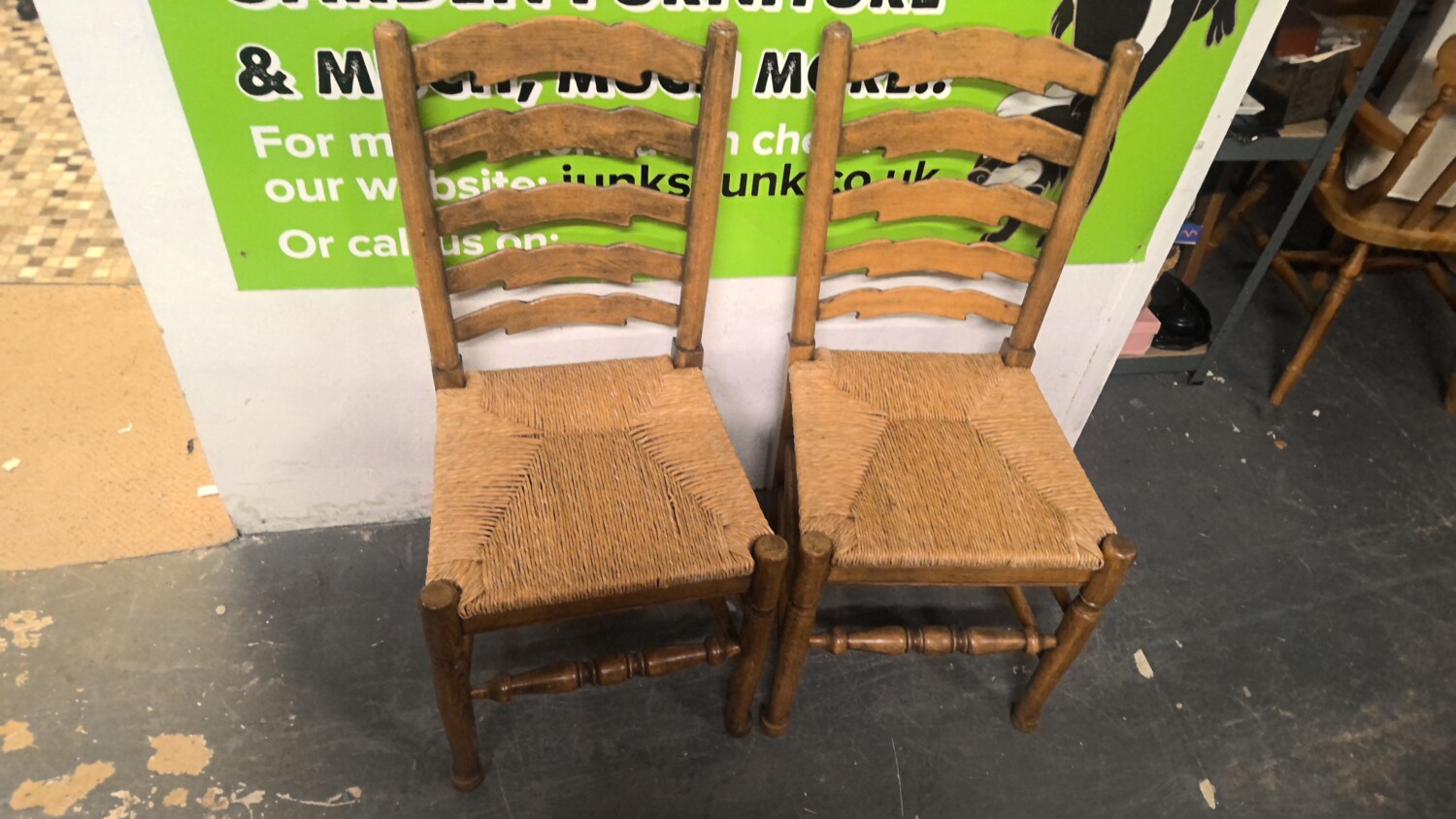 pair of vintage oak ladder back dining chairs » Junk Skunk